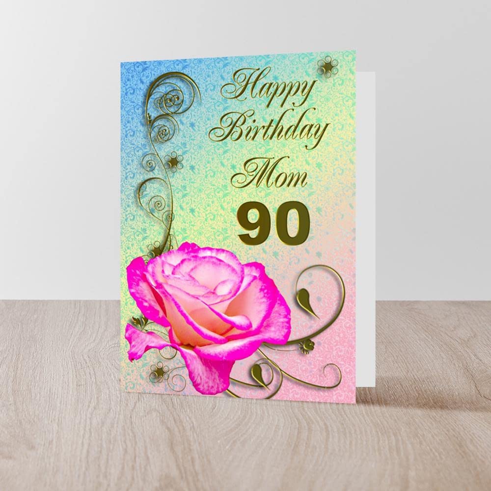 CafePress 90Th Birthday Card For Mom, Elegant Rose Greeting Folded Greeting Card Glossy