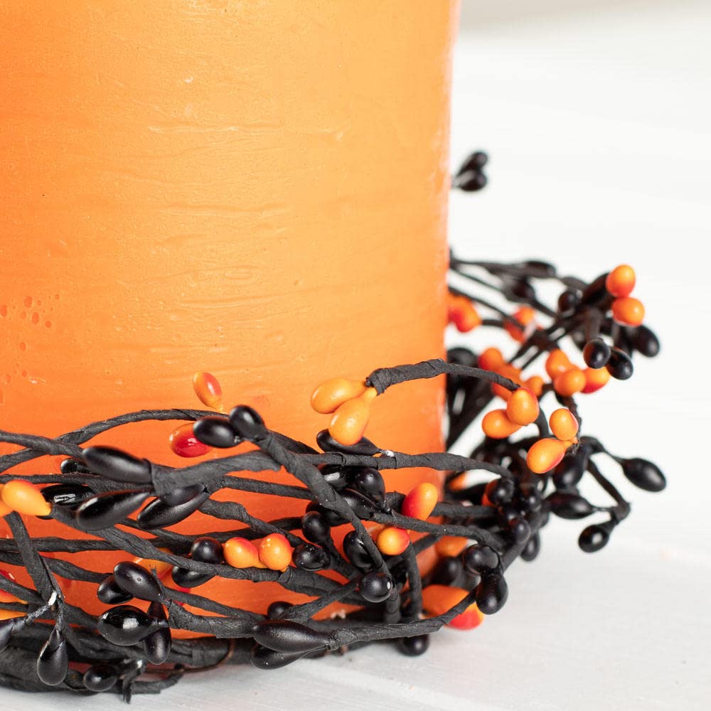 Artificial Black and Orange Pip Berry Candle Rings – Pack of 4 Halloween Berry Farmhouse Home Decor for Centerpiece Decorations and Small Wreaths (Size: 8-1/2" diam)