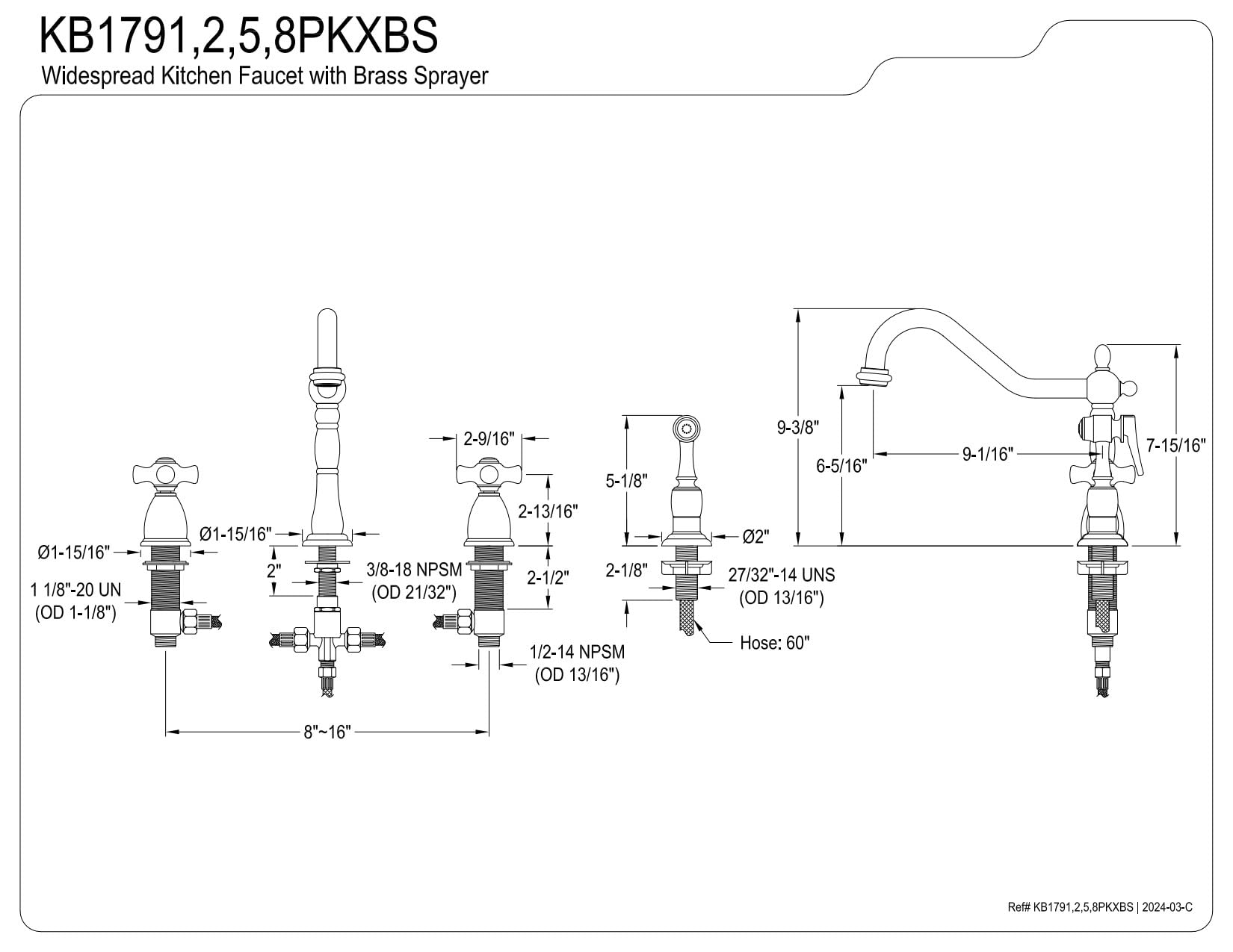 Kingston Brass KB1798PKXBS 8" to 16" Widespread Kitchen Faucet with Brass Sprayer, 8-1/4", Brushed Nickel