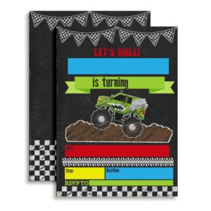 monster truck chalkboard birthday party invitations, 20 5x7 fill in cards with twenty white envelopes by amandacreation