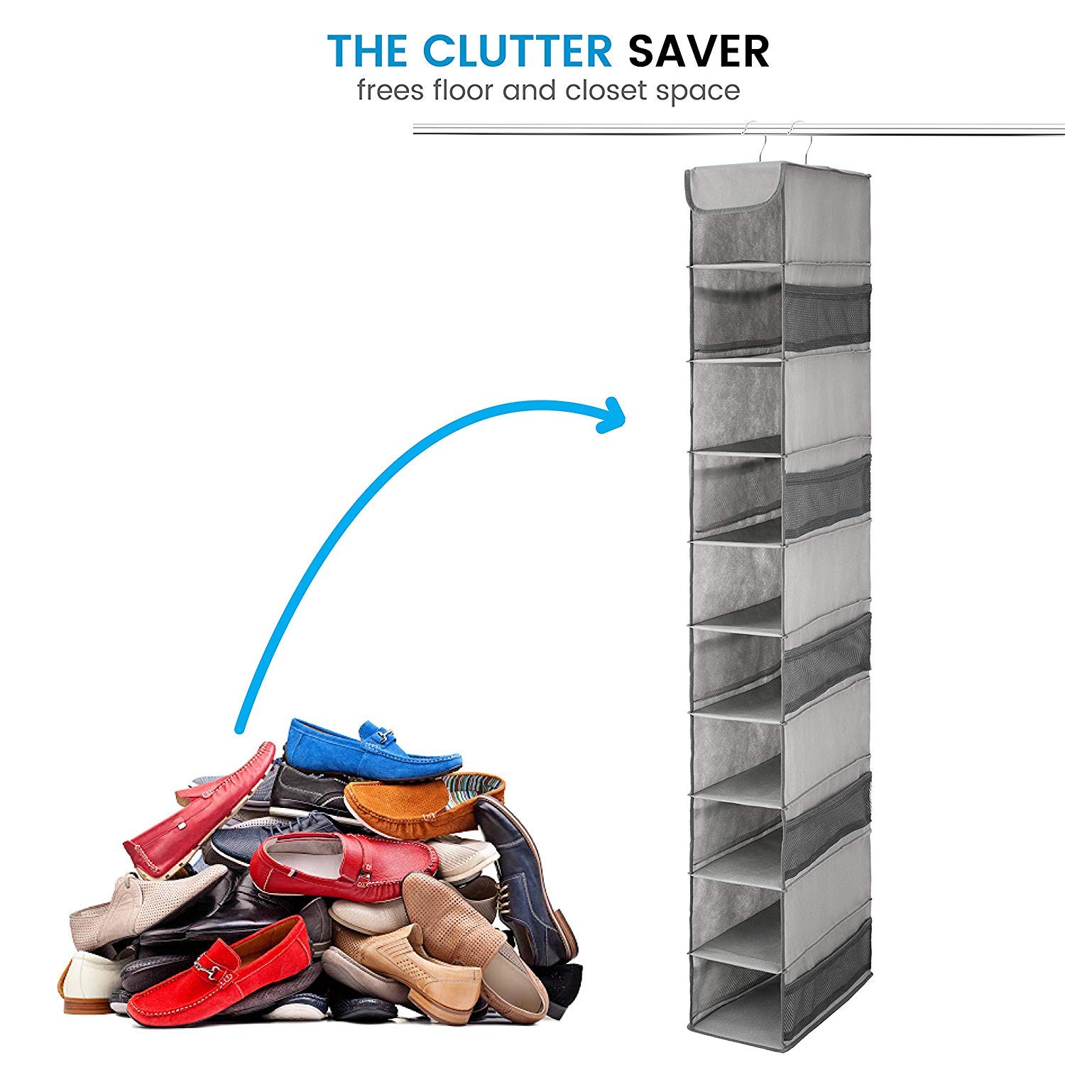 ZOBER Hanging Shoe Organizer for Closet, 10 Shelves - Hanging Shoe Rack W/ Side Pockets - Narrow, Space Saving, Durable