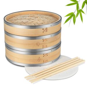 flexzion bamboo steamer basket set (10 inch) with stainless steel banding, 50 x steamer liners and 2 pairs of chopsticks, steam baskets for dimsum dumplings, rice, vegetables, fish and meat