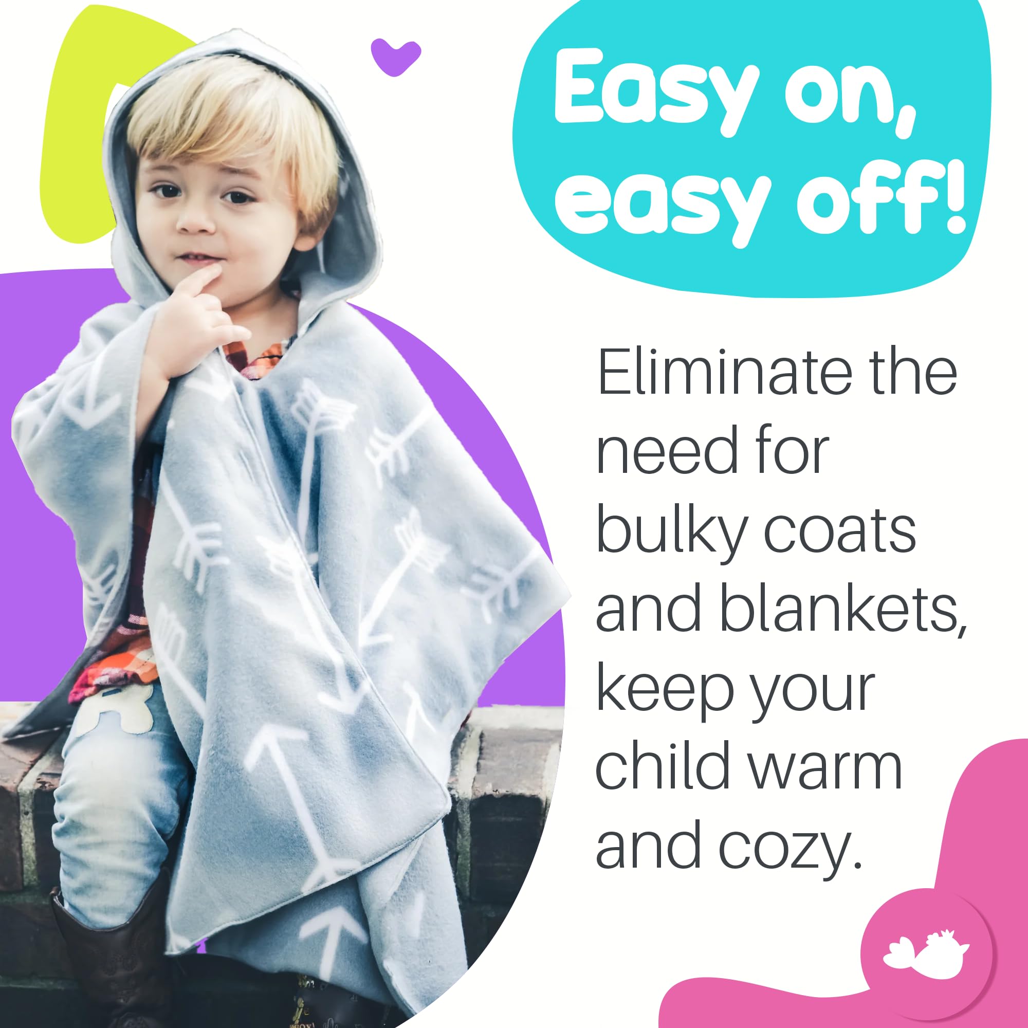 Birdy Boutique Car Seat Poncho for Kids – Safe to Use Over Seat Belts – Reversible Warm and Cozy Blanket – Easy on Easy Off and Doesn’t Impact Car Seat Performance – Gray Arrows – One Size