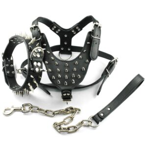 benala leather spiked studded medium large dogs breeds harness &sharp collar & leash set perfect for boxer bull terrier pit bull mastiff,black,m