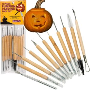 pumpkin carving kit (21 tool set) w 11 double sided pieces - halloween professional sculpting, cutting and carving knife supplies for fall jack-o-lanterns, pumpkins, decorations for kids and adults