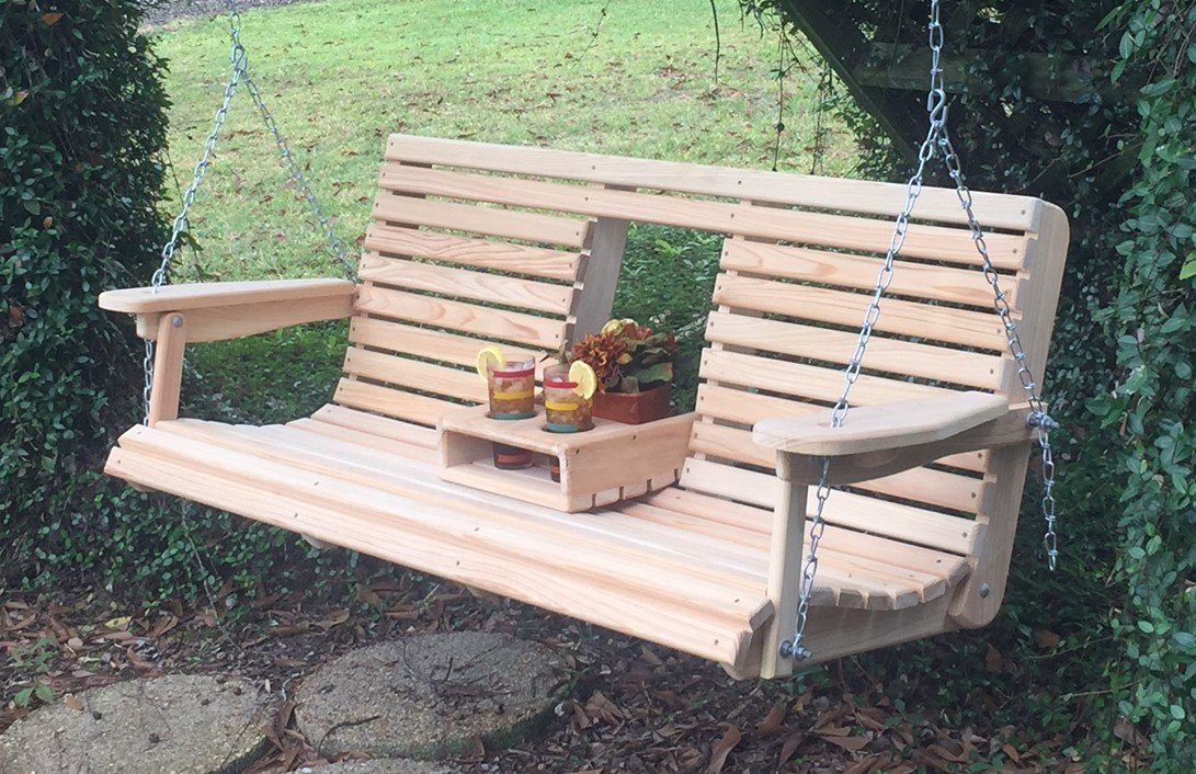 5 Ft Cypress Porch Swing with Flip Down Console Cup Holders & Unique Adjustable Seating Angle