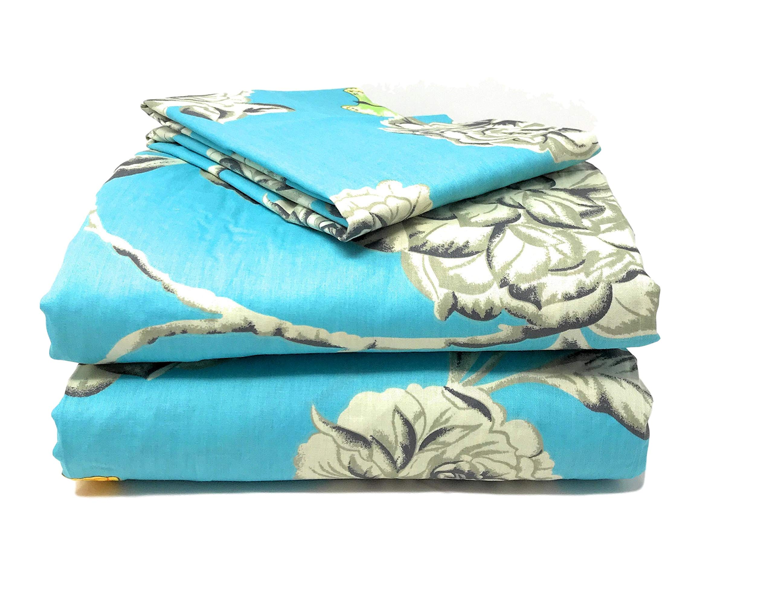 Tache Floral Colorful Aqua Blue Duvet Cover - Butterfly Wonderland - Luxurious Cotton Reversible Duvet Cover with Zipper Closure and Security Ties/Ribbons - 3 Piece Set - King