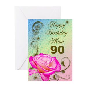 cafepress 90th birthday card for mom, elegant rose greeting folded greeting card glossy