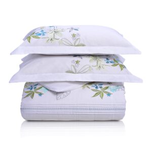 superior embroidered cotton duvet cover set, soft bedding covers, 1 duvet cover with button closure, 2 pillow shams, two-line design, spring blooms collection, king/california king, white