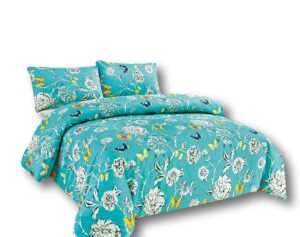 tache floral colorful aqua blue duvet cover - butterfly wonderland - luxurious cotton reversible duvet cover with zipper closure and security ties/ribbons - 3 piece set - king