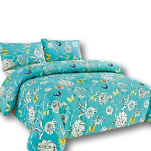 Tache Floral Colorful Aqua Blue Duvet Cover - Butterfly Wonderland - Luxurious Cotton Reversible Duvet Cover with Zipper Closure and Security Ties/Ribbons - 3 Piece Set - King