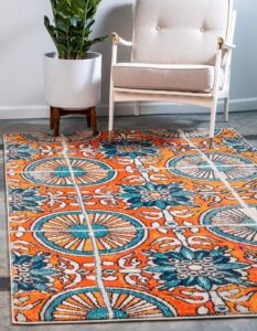 unique loom estrella collection floral, geometric, vibrant, modern, abstract area rug (5' 0 x 8' 0 rectangular, orange/blue)