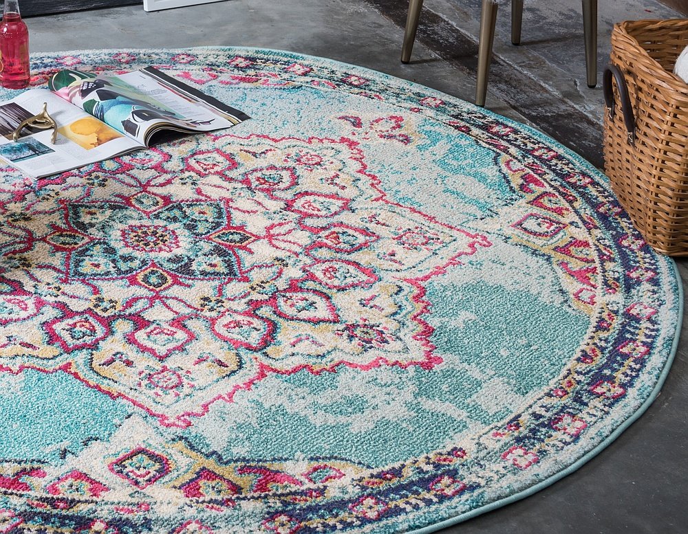 Unique Loom Medici Collection Floral Medallion Traditional Vintage Light Blue Round Rug (8' 0 x 8' 0)