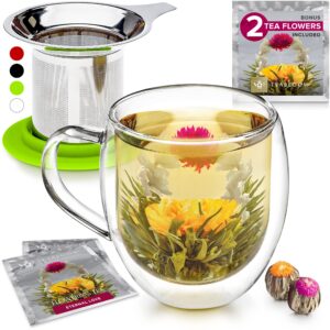 teabloom double-wall borosilicate glass mug with stainless steel infuser and lid – 15 oz / 430 ml – 2 gourmet tea flowers included