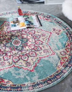 unique loom medici collection floral medallion traditional vintage light blue round rug (8' 0 x 8' 0)