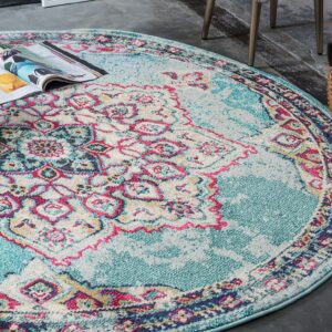 Unique Loom Medici Collection Floral Medallion Traditional Vintage Light Blue Round Rug (8' 0 x 8' 0)