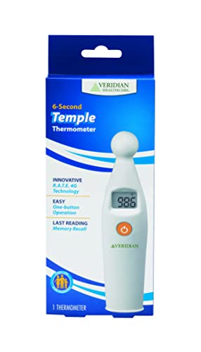 Veridian Healthcare Temple Thermometer | Infrared Measurements | Fast 6-Second Readout | Fever Alert | Backlit Display | Programmable Timer | 1-Year Warranty