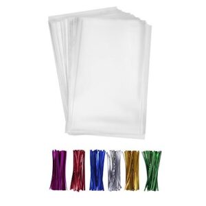 200 clear treat bags 6x9 with 4" twist ties 6 mix colors - thick opp plastic cello bags for wedding cookie birthday cake pops gift candy buffet supplies (6'' x 9'')