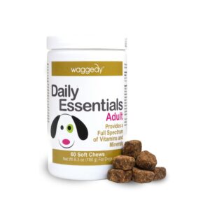 waggedy daily essentials adult soft chews — dog multivitamin & immune system supporter — dog nutritional supplement — small/large dog supplements & vitamins (60 chews)