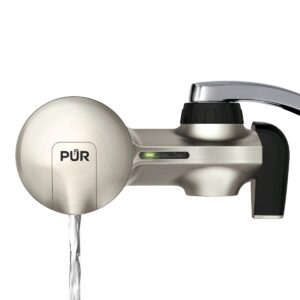 pur plus horizontal faucet mount water filtration system, 3-in-1 lead reducing filter for great-tasting filtered tap water, lasts 100 gallons, fits most kitchen or bathroom faucets, stainless steel