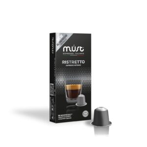 must, 100 coffee capsules in 100% recyclable aluminum, ristretto blend intensity 7/8, 10 packs of 10 capsules, compatible with nespresso machine, made in italy