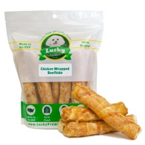 lucky premium treats chicken wrapped dog treats – usa made raw hide sticks for medium dogs – long lasting, preservative free dog treats – 10 chews