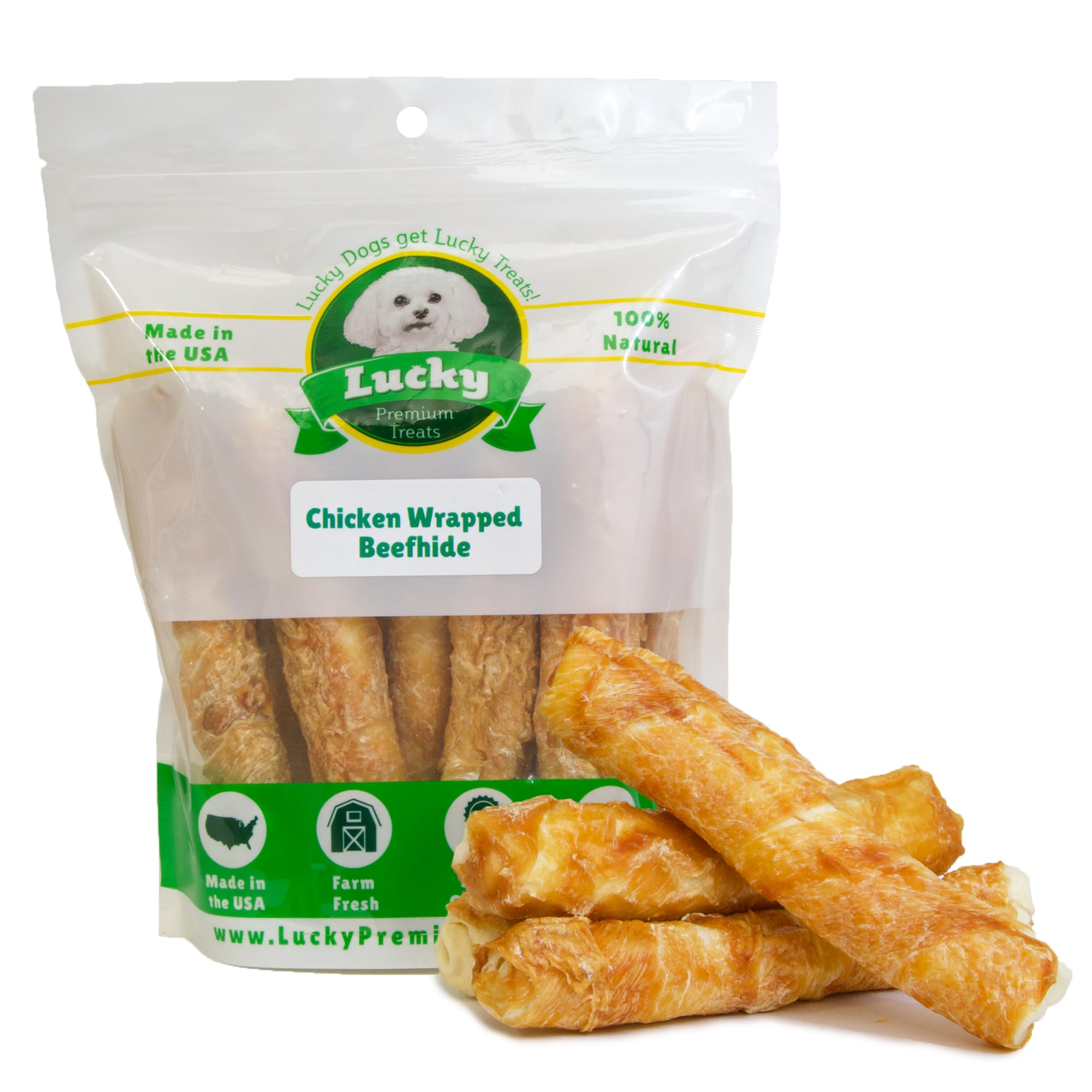 Lucky Premium Treats Chicken Wrapped Dog Treats – USA Made Raw Hide Sticks for Medium Dogs – Long Lasting, Preservative Free Dog Treats – 19 Chews