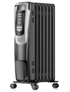 pelonis radiator heater for indoor use large room with remote, thermostat & led display, quiet oil filled heater with 5 temperature settings, overheat & tip-over protection, silver