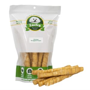 lucky premium treats chicken wrapped dog treats – retriever size - usa made raw hide sticks for large size dogs – long lasting, preservative free dog treat – 17 chews