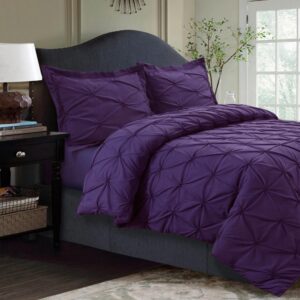 tribeca living king duvet cover set, plain bed set, pintuck microfiber, wrinkle resistant, three piece set includes one duvet cover and two sham pillowcases, sydney/purple