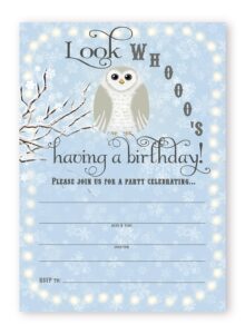 pop parties snowy owl birthday party invitations - blue - 10 invitations 10 envelopes