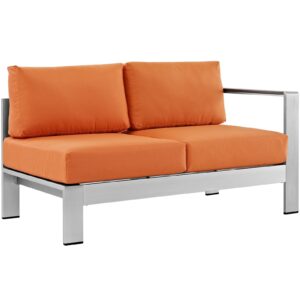 modway shore aluminum outdoor patio right arm loveseat in silver orange