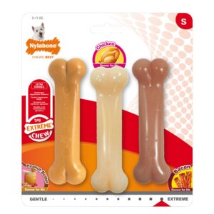 nylabone extreme tough dog chew toy bones, peanut butter, chicken, bacon flavoured, 3-piece, small, for dogs up to 11 kg