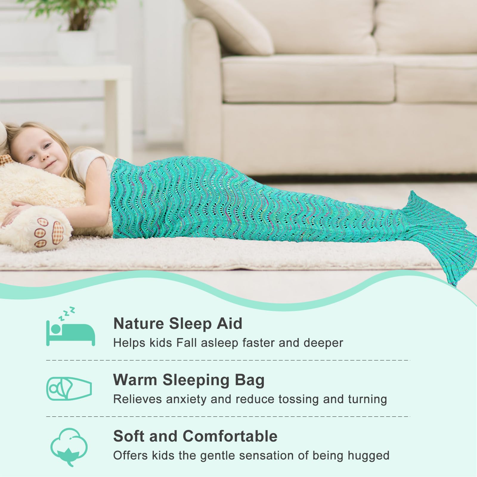 Mermaid Tail Blanket, 74''x 35'' Crochet Wearable Blankets Super Soft Mermaid Throw Blankets Mermaid Sleeping Bag Mermaid Costume for Cosplay Funny Halloween Blanket Christmas Blankets for Kids/Adult