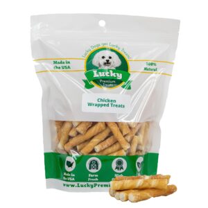 lucky premium treats chicken wrapped dog treats – usa made raw hide sticks for small & toy size dogs – long lasting, preservative free dog treats – 80 chews