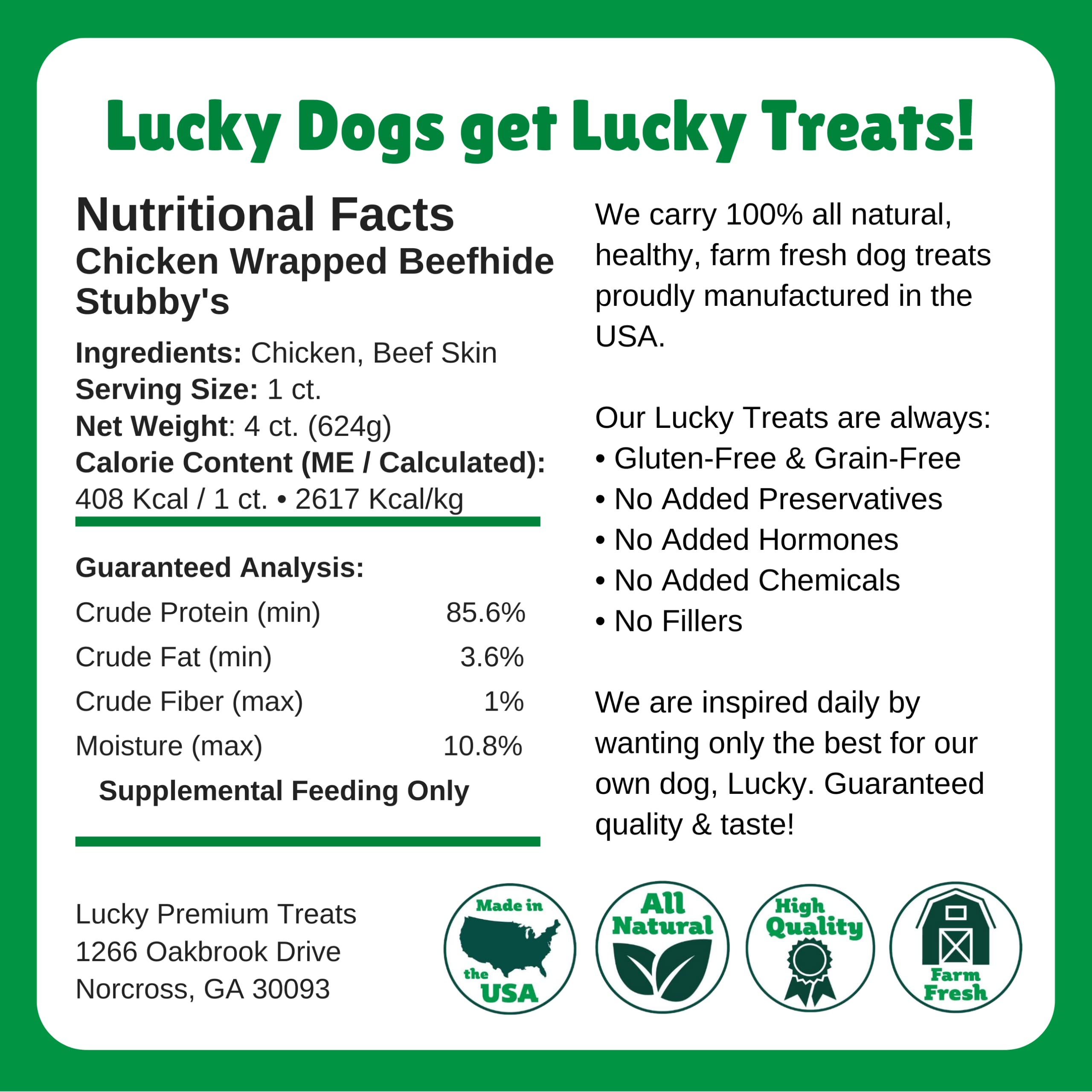 Lucky Premium Treats Chicken Wrapped Dog Treats – USA Made Raw Hide Sticks for Extra Large Size Dogs – Long Lasting, Preservative Free Dog Treats – 4 Chews