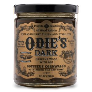 odie's dark •finish and stabilizer for wood •darkens with age •9 ounce glass jar •food safe and solvent free non toxic finish with amazing one coat application and leaves a lustrous sheen