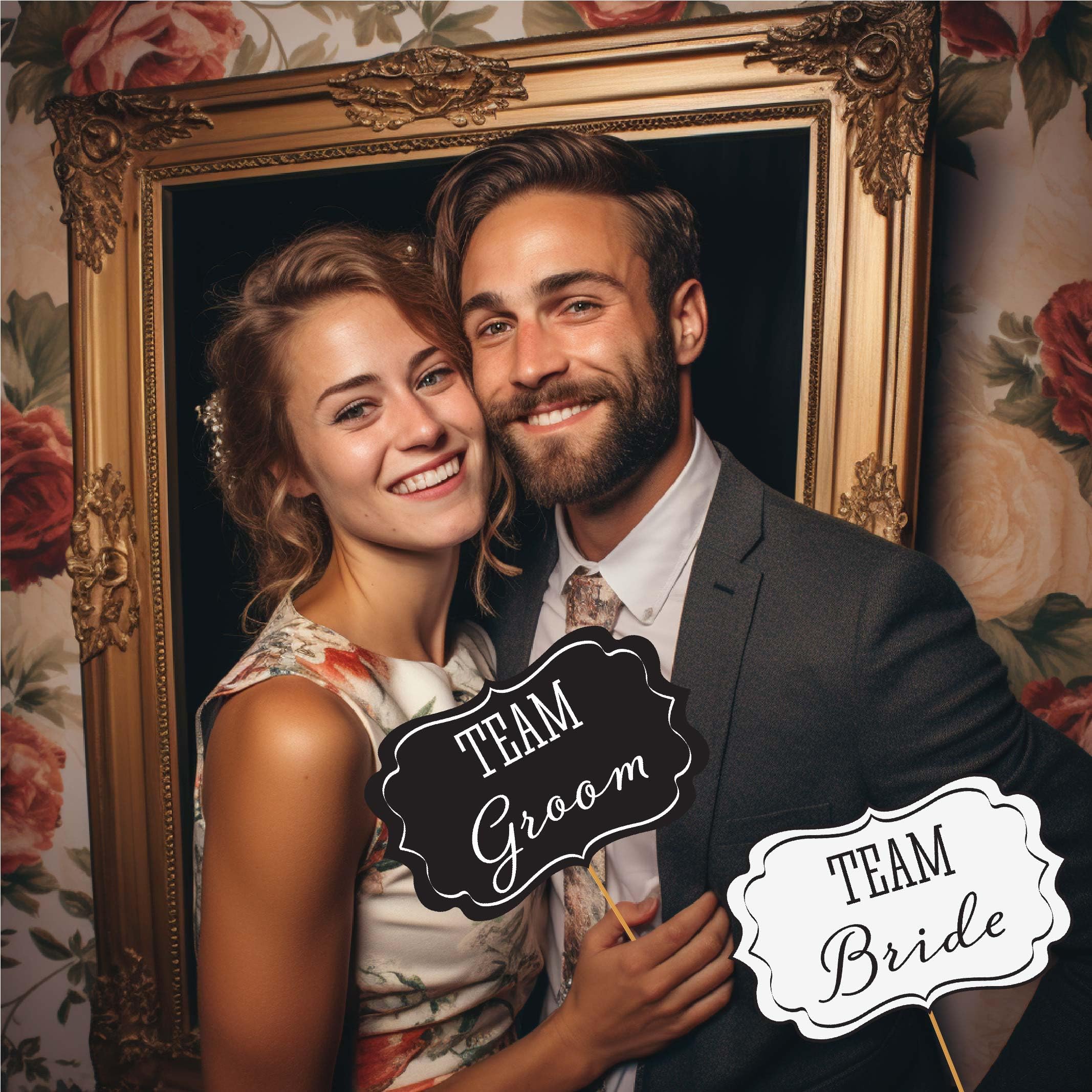 Wedding Photo Booth Props with 8 x 10-Inch Sign, 45 Adhesive Pads, 35 Wooden Sticks - Signs for Wedding Backdrop and Selfie Station