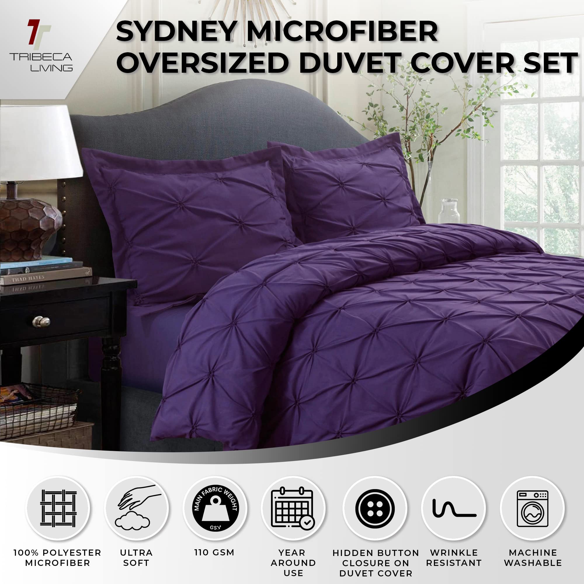 Tribeca Living King Duvet Cover Set, Plain Bed Set, Pintuck Microfiber, Wrinkle Resistant, Three Piece Set Includes One Duvet Cover and Two Sham Pillowcases, Sydney/Purple