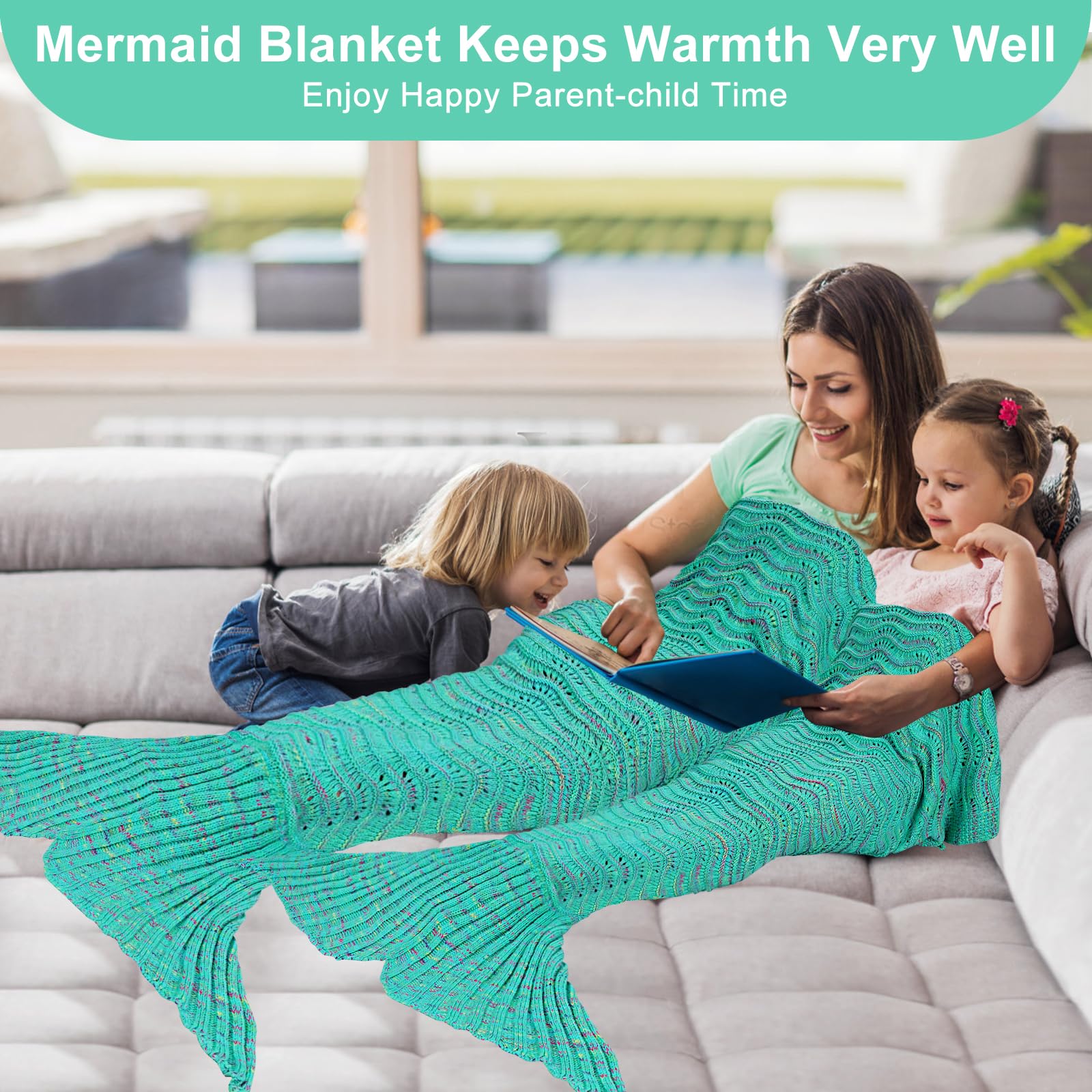 Mermaid Tail Blanket, 74''x 35'' Crochet Wearable Blankets Super Soft Mermaid Throw Blankets Mermaid Sleeping Bag Mermaid Costume for Cosplay Funny Halloween Blanket Christmas Blankets for Kids/Adult