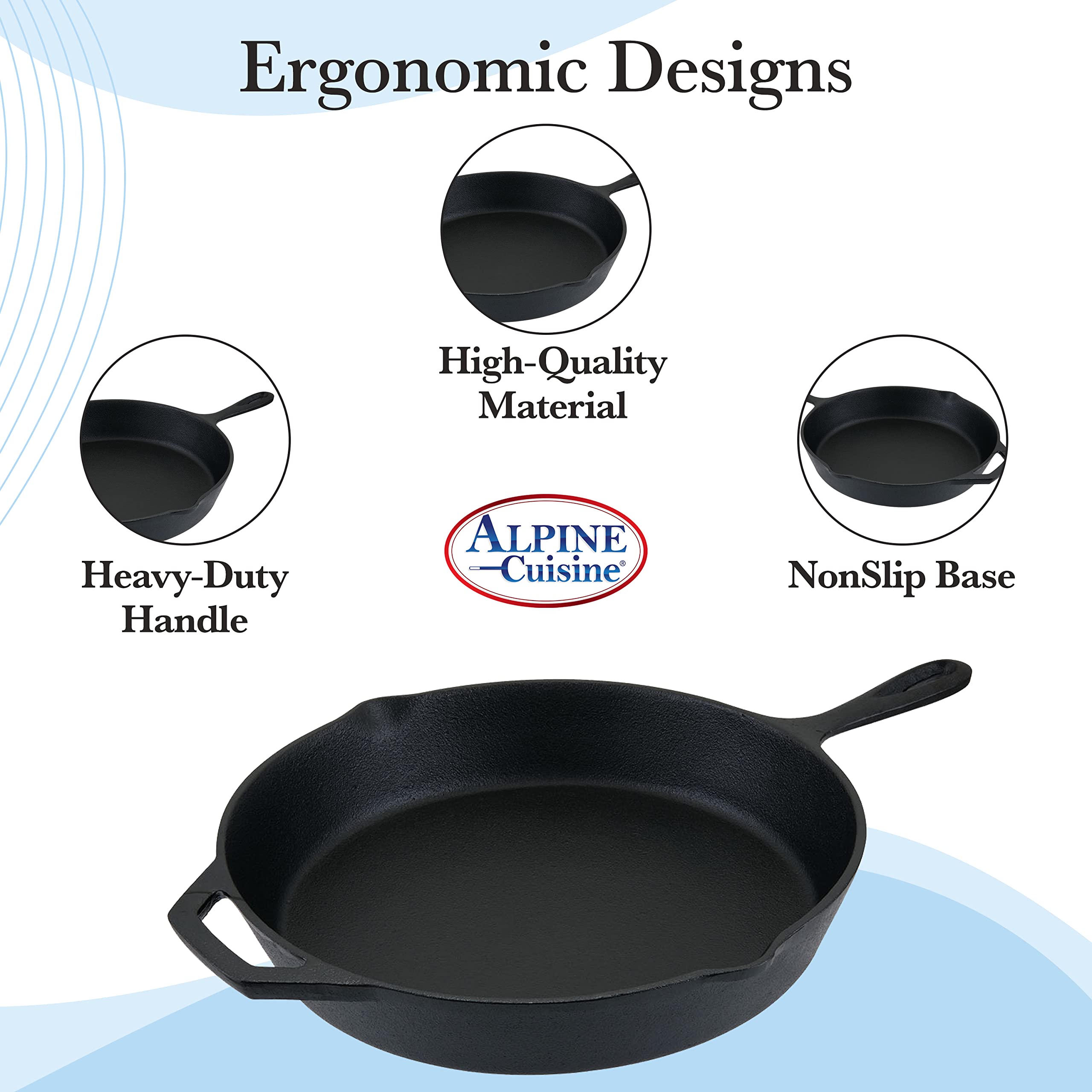 Alpine Cuisine Pre-seasoned Cast Iron Frypan 10-Inch - Black Cast Iron Frypan - Durable, Heavy Duty Cooking Pans - Multipurpose Use Kitchen Pans