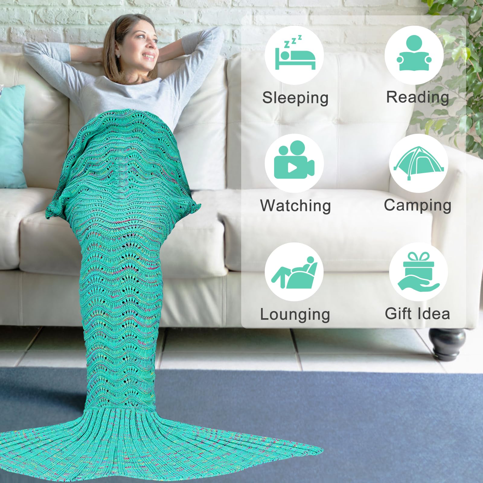 Mermaid Tail Blanket, 74''x 35'' Crochet Wearable Blankets Super Soft Mermaid Throw Blankets Mermaid Sleeping Bag Mermaid Costume for Cosplay Funny Halloween Blanket Christmas Blankets for Kids/Adult