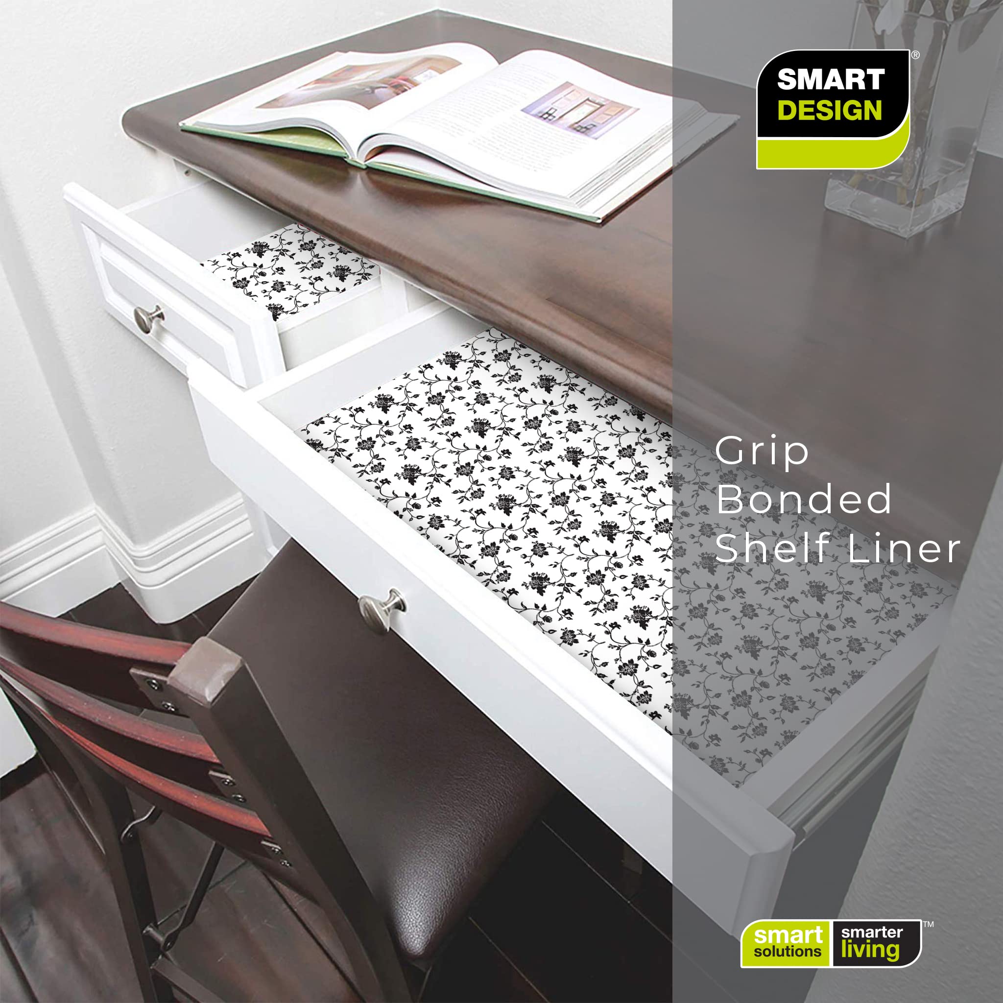 Smart Design Bonded Grip Shelf Liner - 12 Inch x 10 Feet - Non Adhesive, Strong Grip Bottom, Easy Clean Kitchen Drawer, Cabinet, Cupboard Dresser Protector Cover, Non Slip Rubber Mat - Wisteria Black