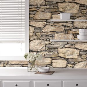 NuWallpaper NU2065 Hadrian Stone Wall Peel & Stick Wallpaper, Brown