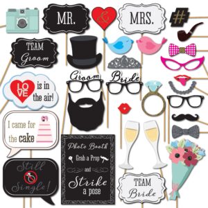 wedding photo booth props with 8 x 10-inch sign, 45 adhesive pads, 35 wooden sticks - signs for wedding backdrop and selfie station