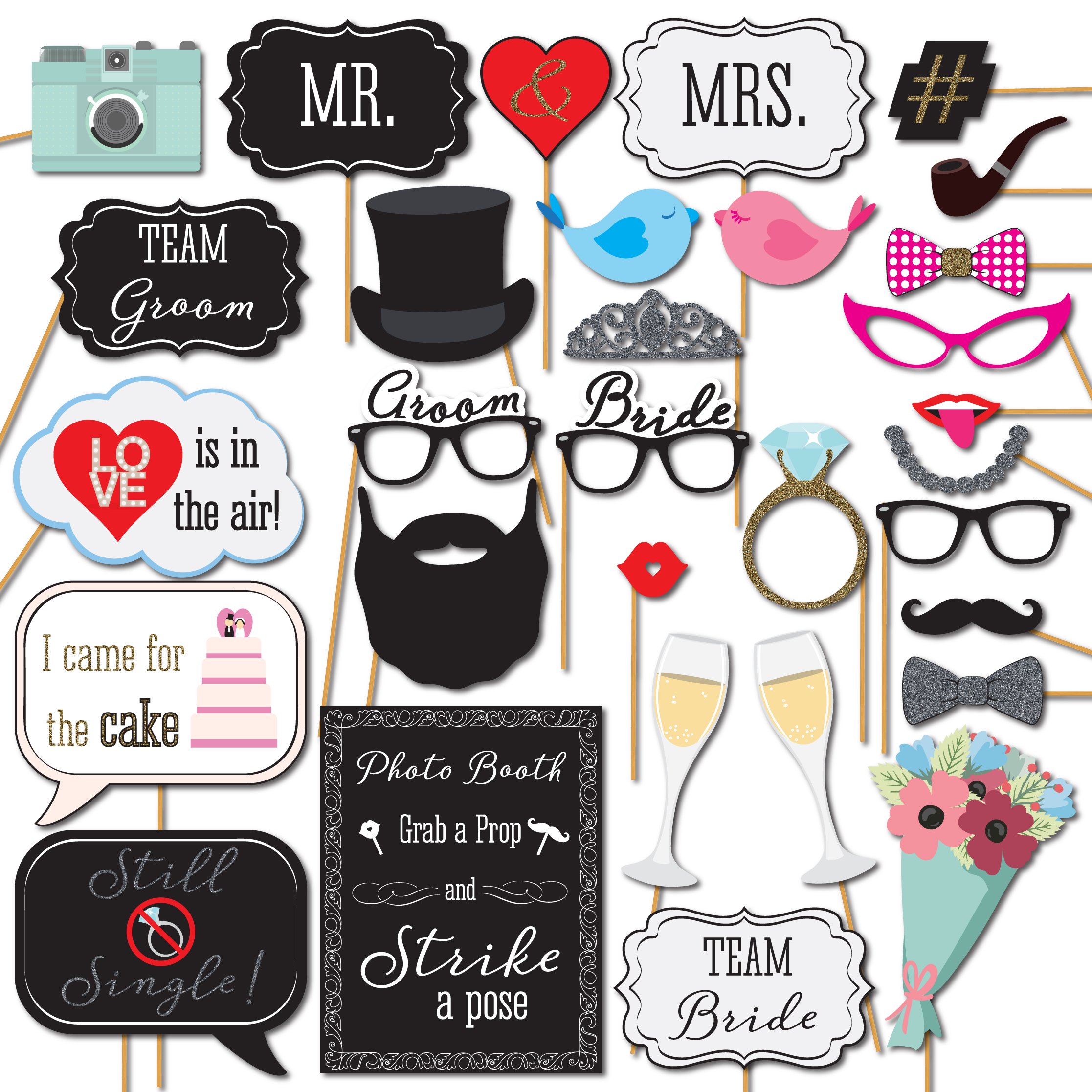 Wedding Photo Booth Props with 8 x 10-Inch Sign, 45 Adhesive Pads, 35 Wooden Sticks - Signs for Wedding Backdrop and Selfie Station