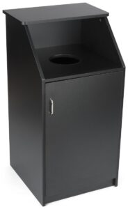 displays2go commercial trash bin with black finish, mdf construction, melamine finish, circular cutout - hinged door (lckdtlcsbk)