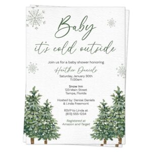 baby it's cold outside baby shower invitations winter invites gender neutral unisex trees nature green snowflakes snowfall personalized customized custom printed cards (12 count)