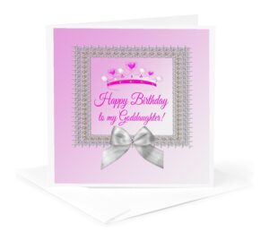 greeting card - princess crown silver frame, bow, happy birthday, goddaughter, pink - birthday design