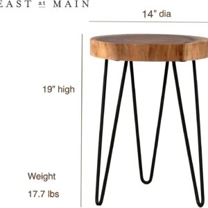 East at Main Round Stump End Table - 14” Dia x 19”h Solid 2 ¼ “ Teak Wood Slice w/Iron Metal Legs - Living Room, Bedroom, Farmhouse Decor - Rustic Live Edge Accent Table